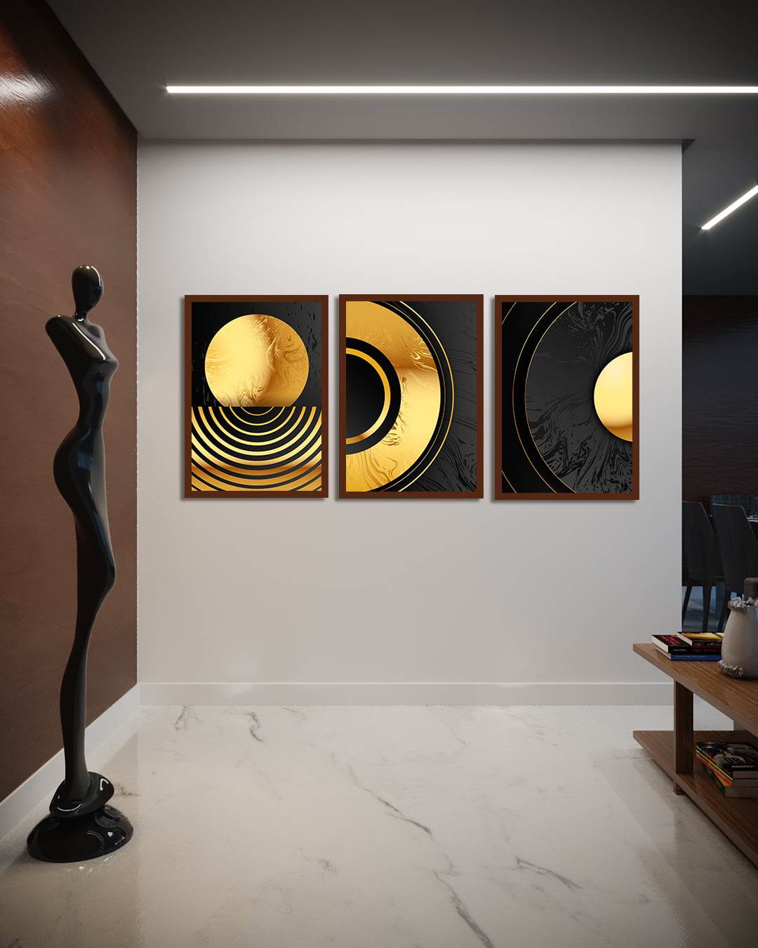 Conjunto 3 Quadros Decorativos Abstrato Formas Redondas Dourado Preto